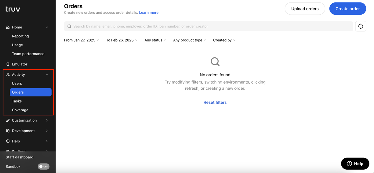 Creating an Order from the Dashboard