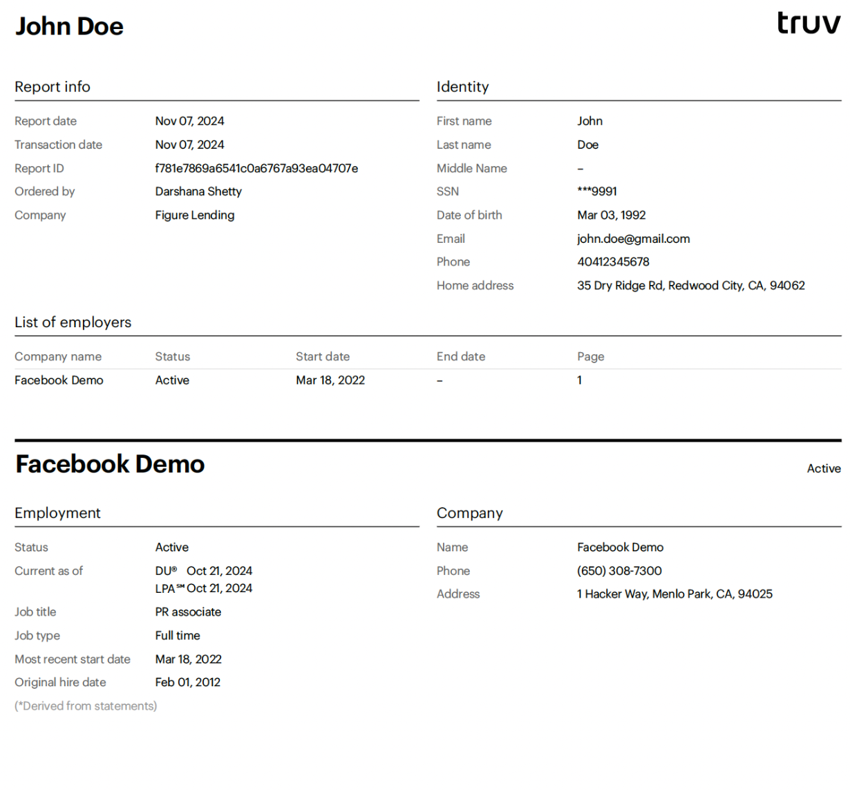 What information does Truv include on a VOIE, VOE, or VOA report?